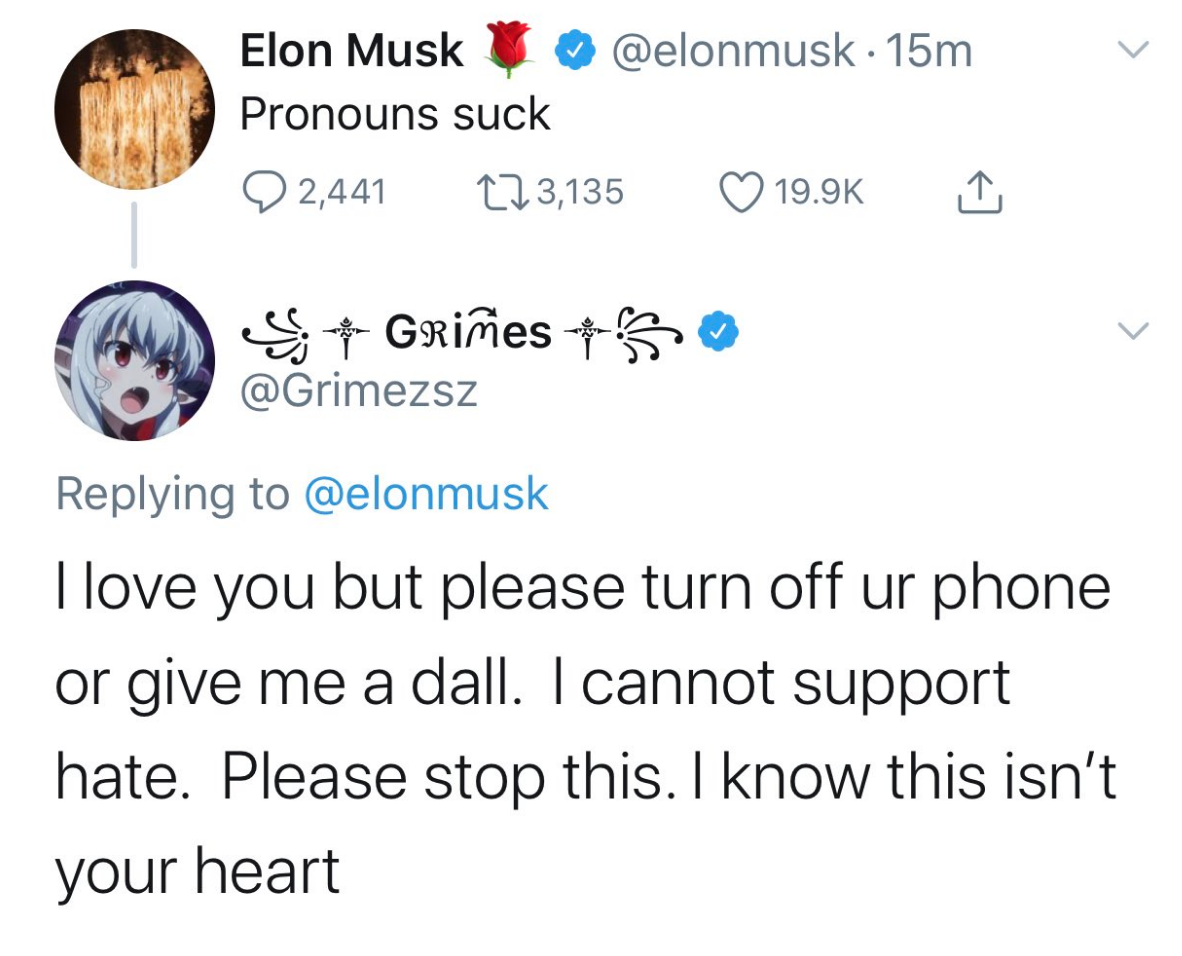 Grimes Calls Out Elon Musk After He Tweets “Pronouns Suck”
