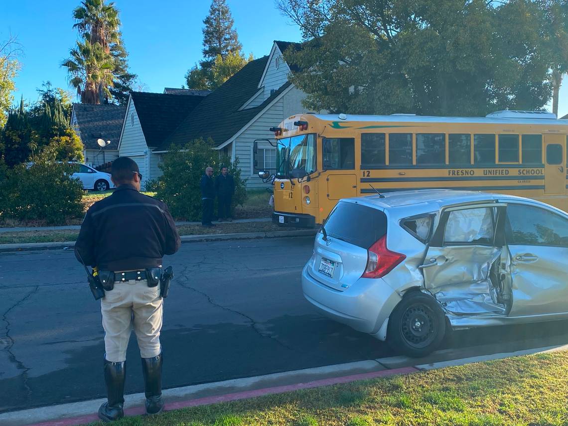 School bus hit by two cars in chain-reaction crash at Fresno ...