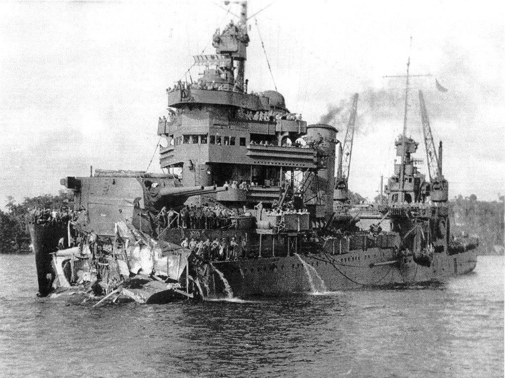 A US Navy warship held together with coconut logs after a Japanese ...
